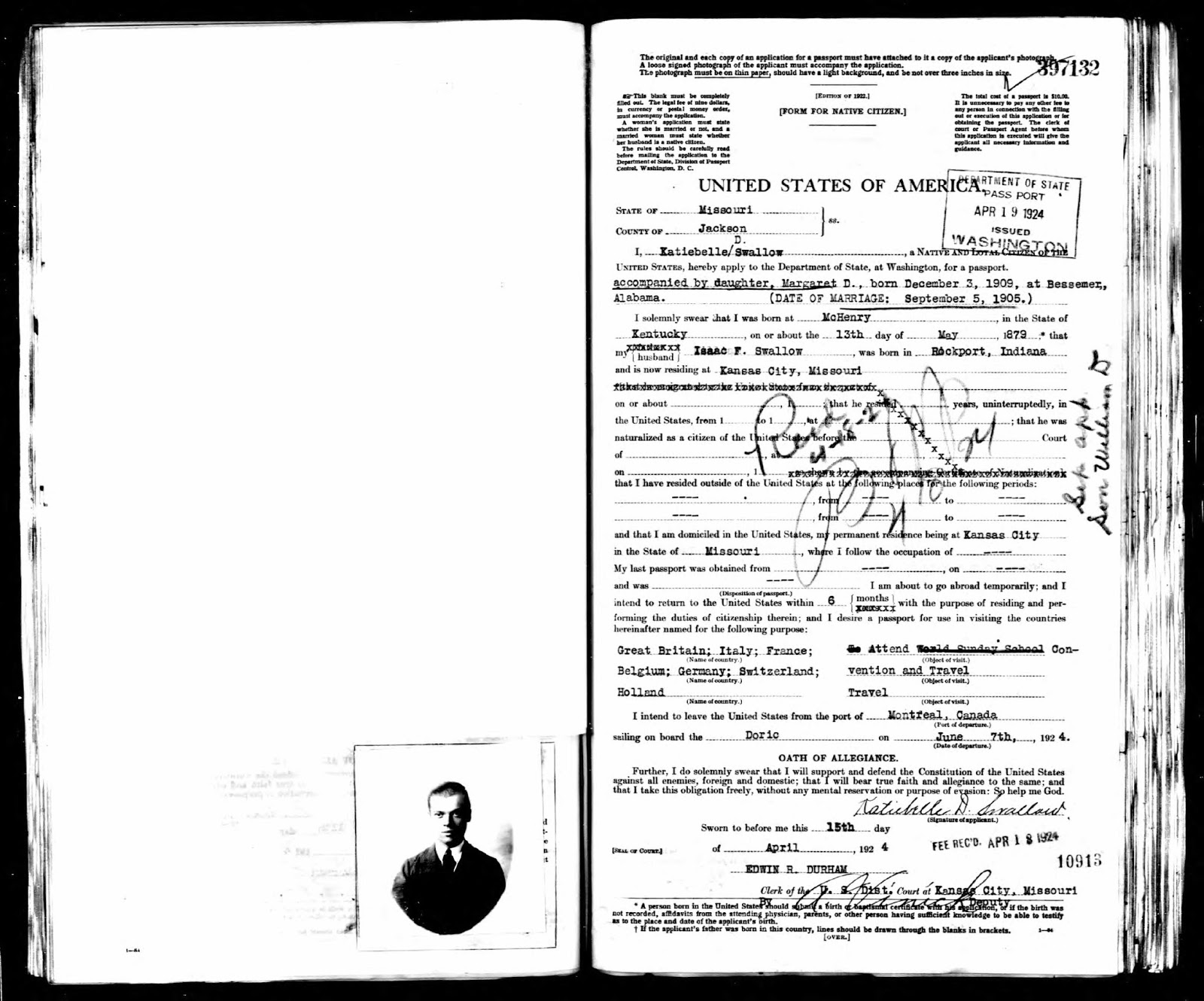 Ohio County, Kentucky History: Passport Application - Katiebelle Duncan ...