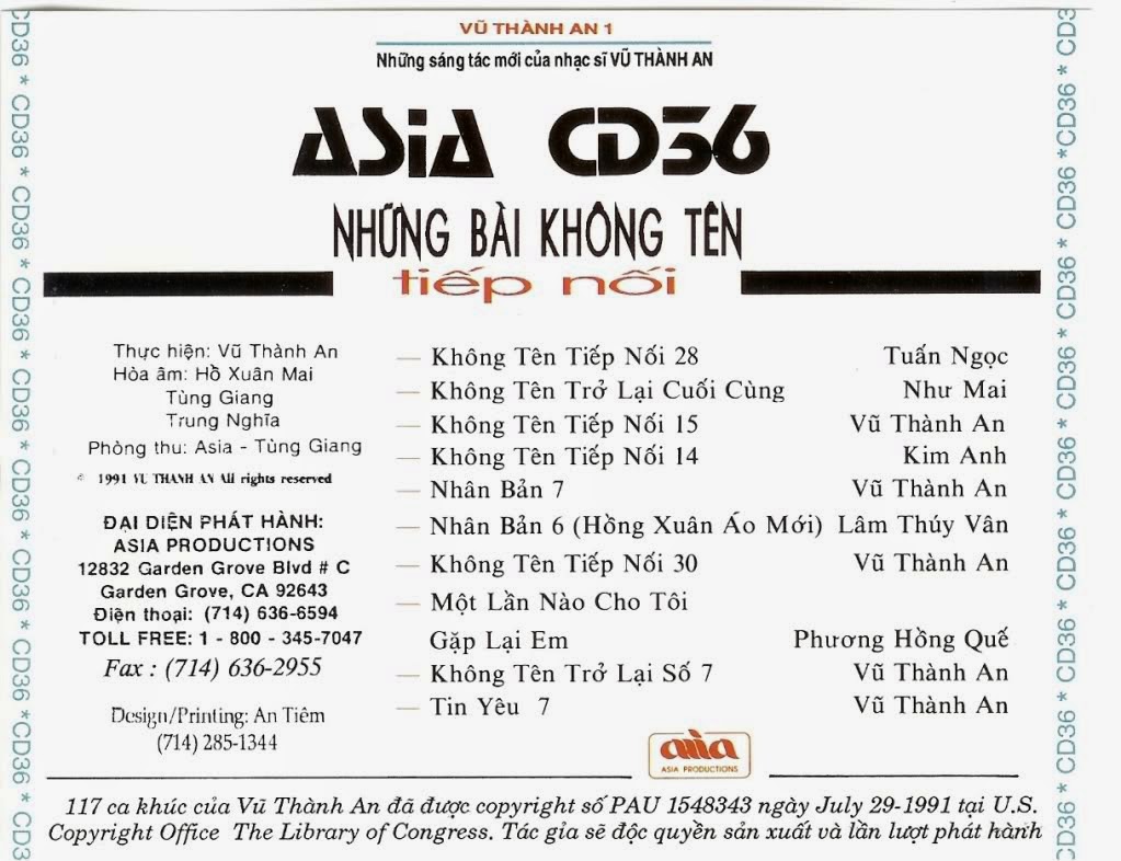 Asia CD 36 - Vũ Thành An 1 (Những Bài Không Tên Tiếp Nối) ~ Cover Nhạc Việt