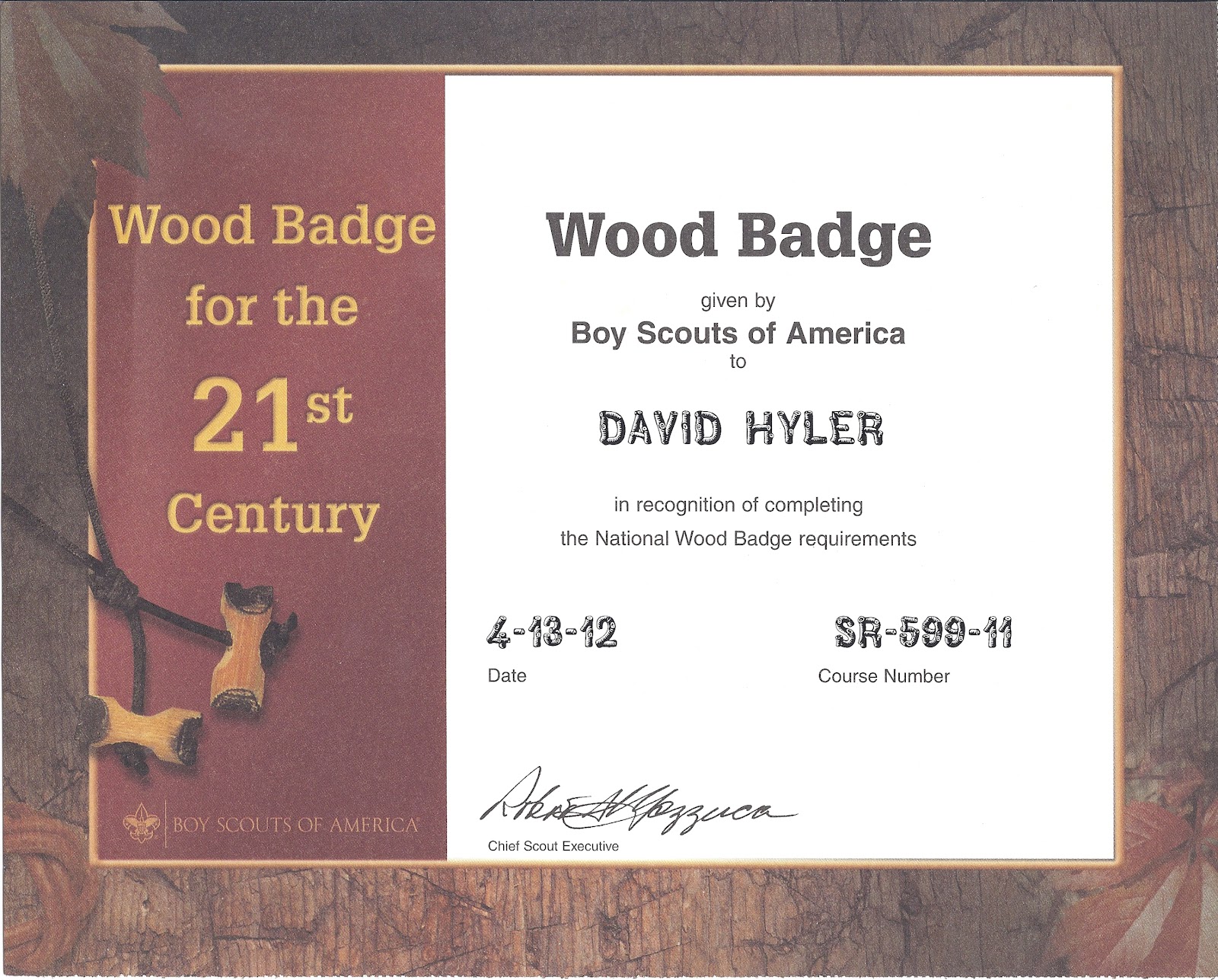 Wood Badge S7-599-11-1 David Hylers Ticket