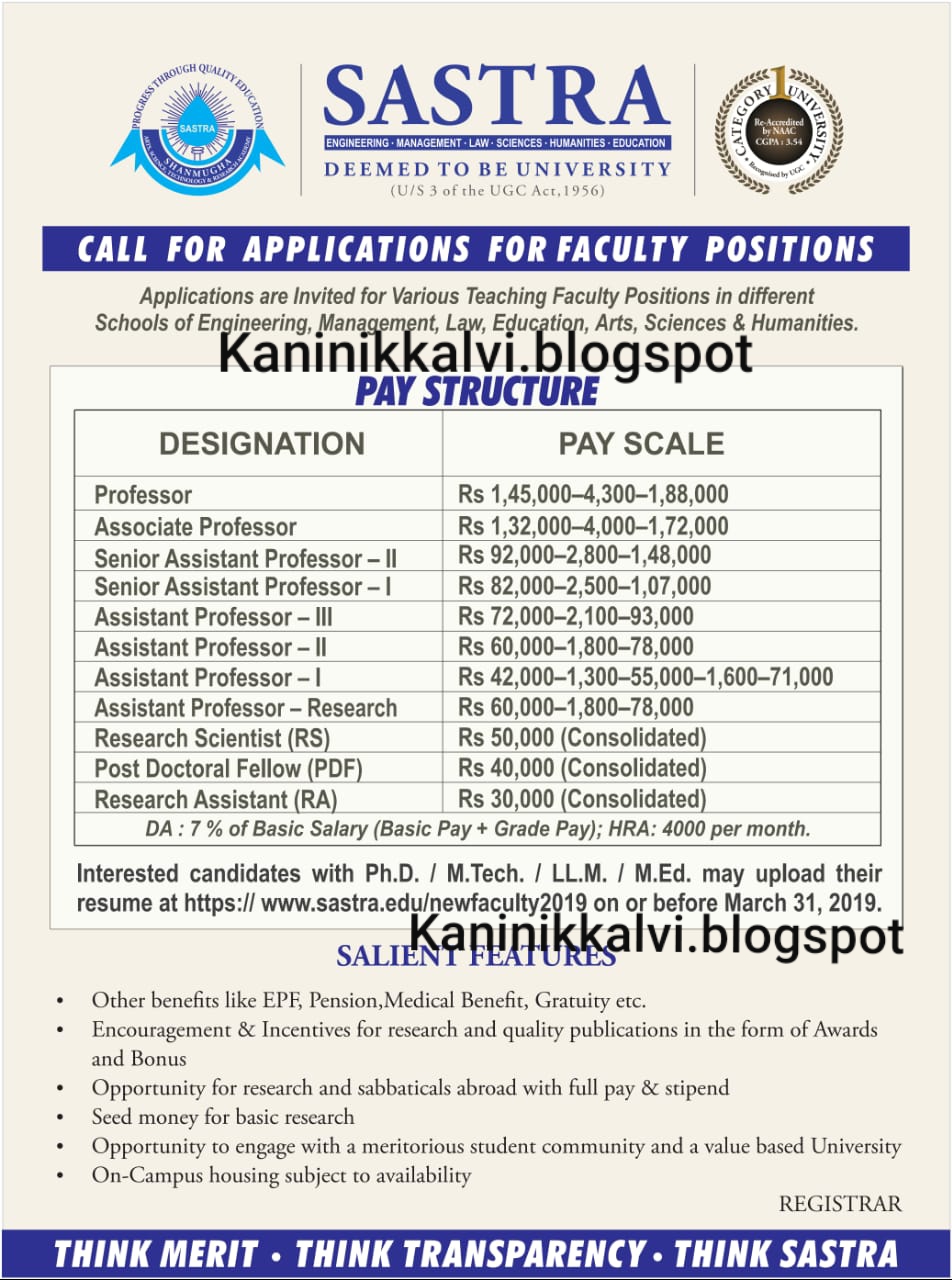 SASTRA Deemed University: Call For Applications For Faculty Positions ...
