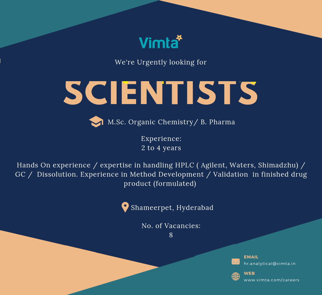 Vimta Labs - Urgently Looking for Scientists (15 Vacancies) - PHARMA ...
