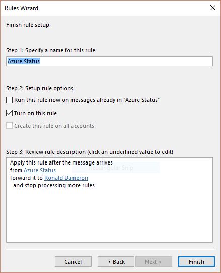 Azure Status Alerts via Outlook Rules