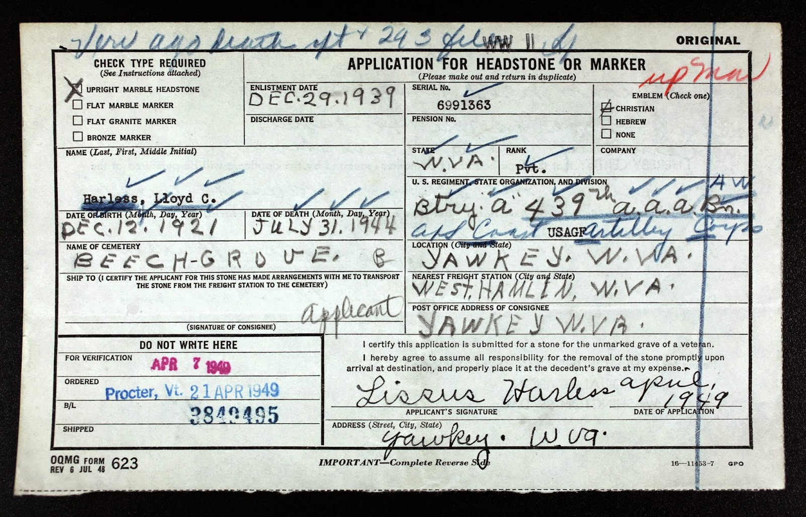 Harless Homepage: Lloyd Charles Harless 1921-1944