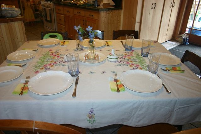 Across My Kitchen Table: Embroidered tablecloth for spring
