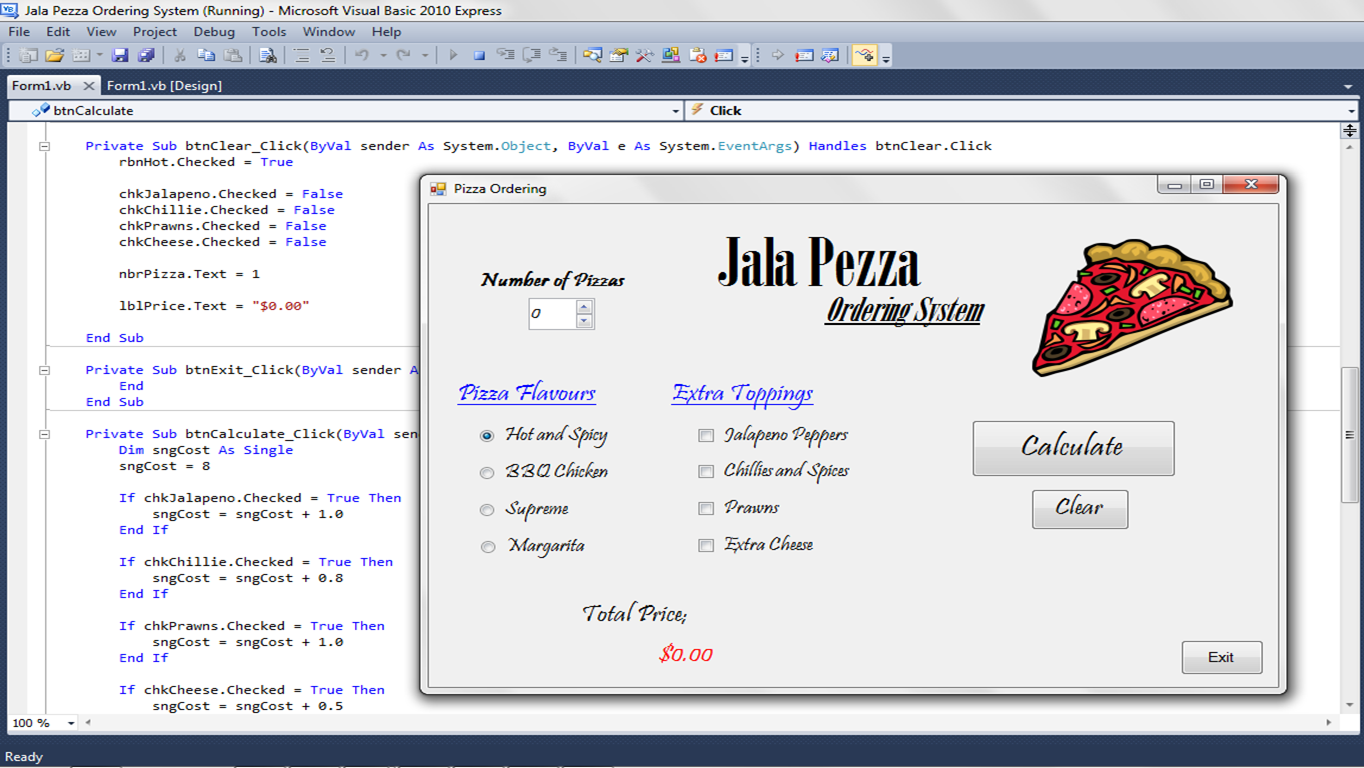 Sahan's IT Applications Unit 2: Jala Pezza Pizza Ordering - Visual Basic