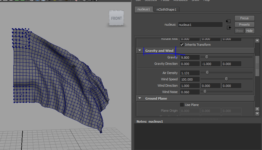 Maya nCloth 3: interactive playback with Gravity Wind