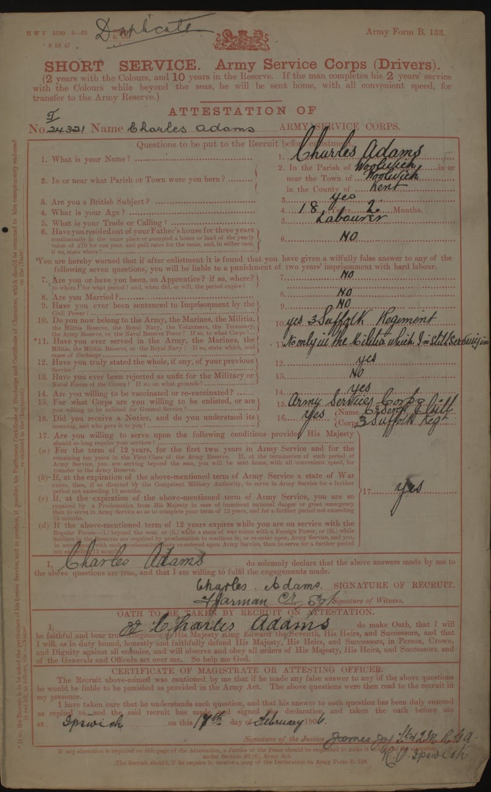 Army Forms & Attestations: Army Form B.133 - drivers