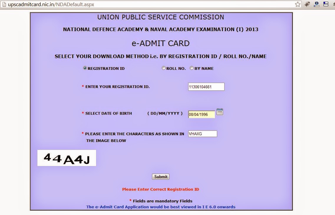 Download NDA NA (I) Examination 2013 admit card online