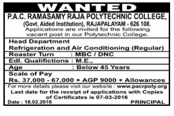 P.A.C. Ramasamy Raja Polytechnic College, Rajapalayam, Wanted HOD ...