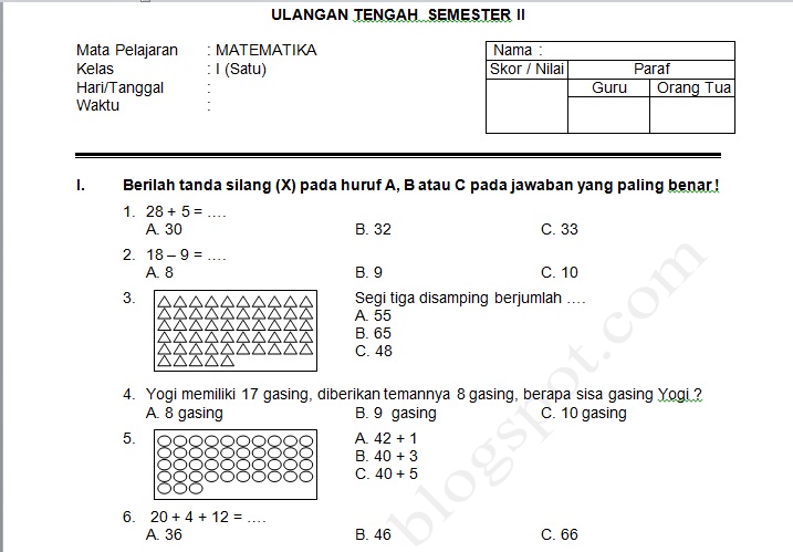 Soal UTS Matematika Kelas 1 Semester II ~ Soal Jawaban