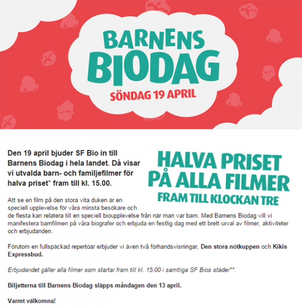 Barnens Biodag på SF Bio i hela landet den 19 april.