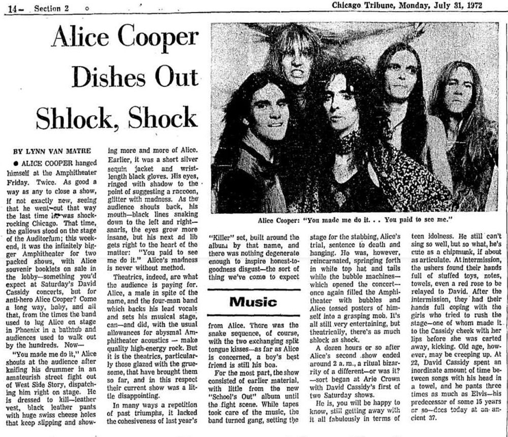 Rock & Roll Newspaper Press History: Alice Cooper - The Chicago Tribune ...