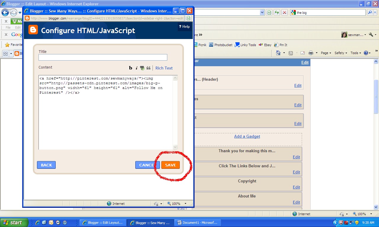 Sew Many Ways...: Blog Buddy...How To Add Your Follow Me Pinterest Button