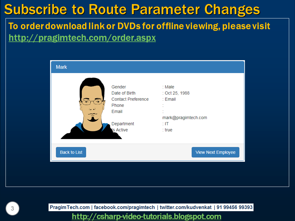 Sql server, .net and c# video tutorial: Subscribe to angular route parameter changes - Slides