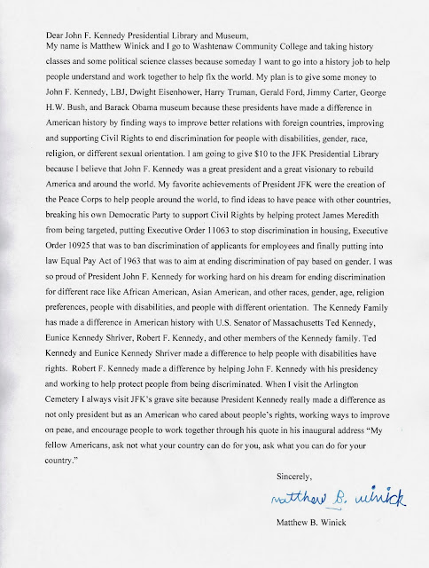 Mattsletters: letter to JFK Presidential Library and Museum