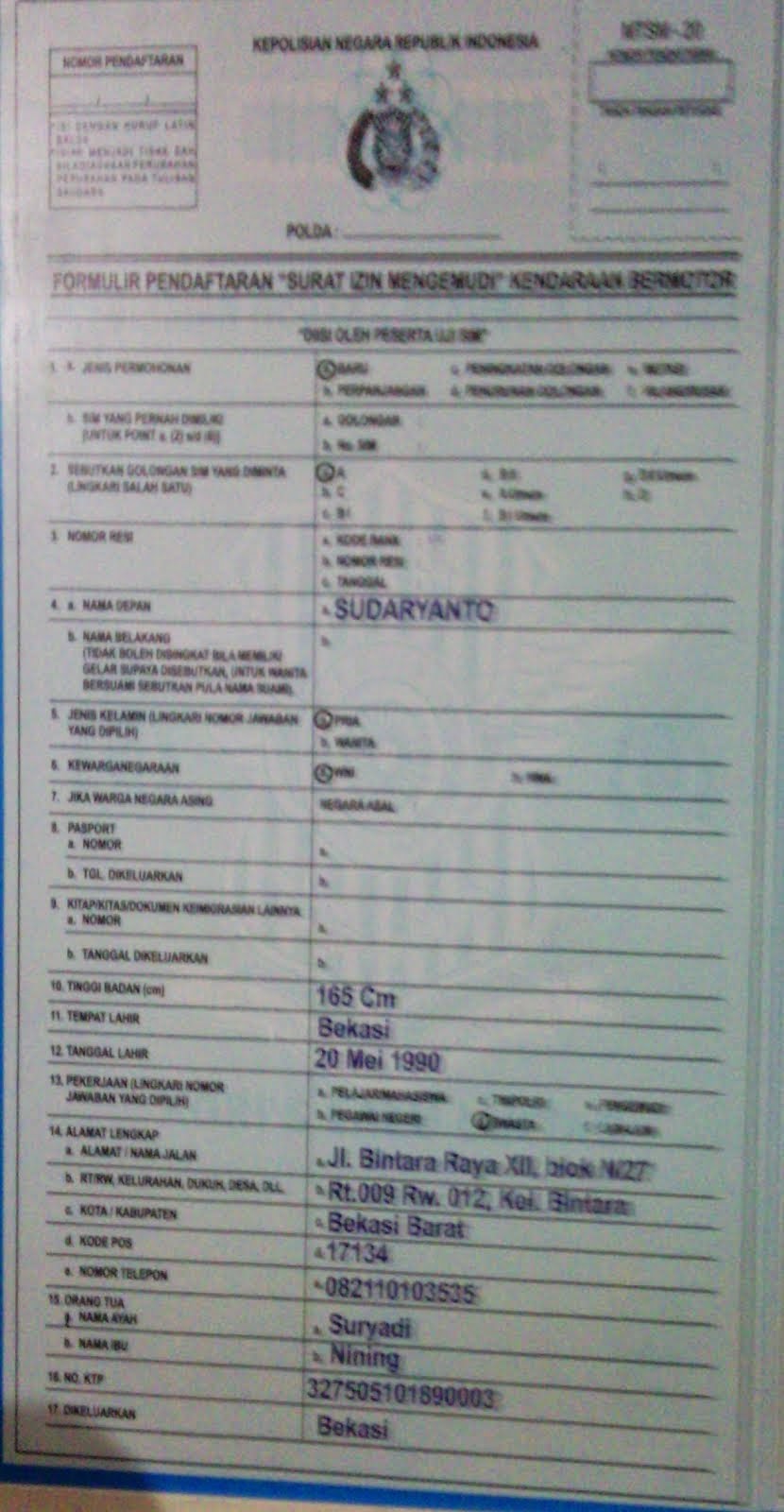 Catatan Sudarsono Martoyo: Contoh Pengisian Formulir Pendaftaran SURAT ...