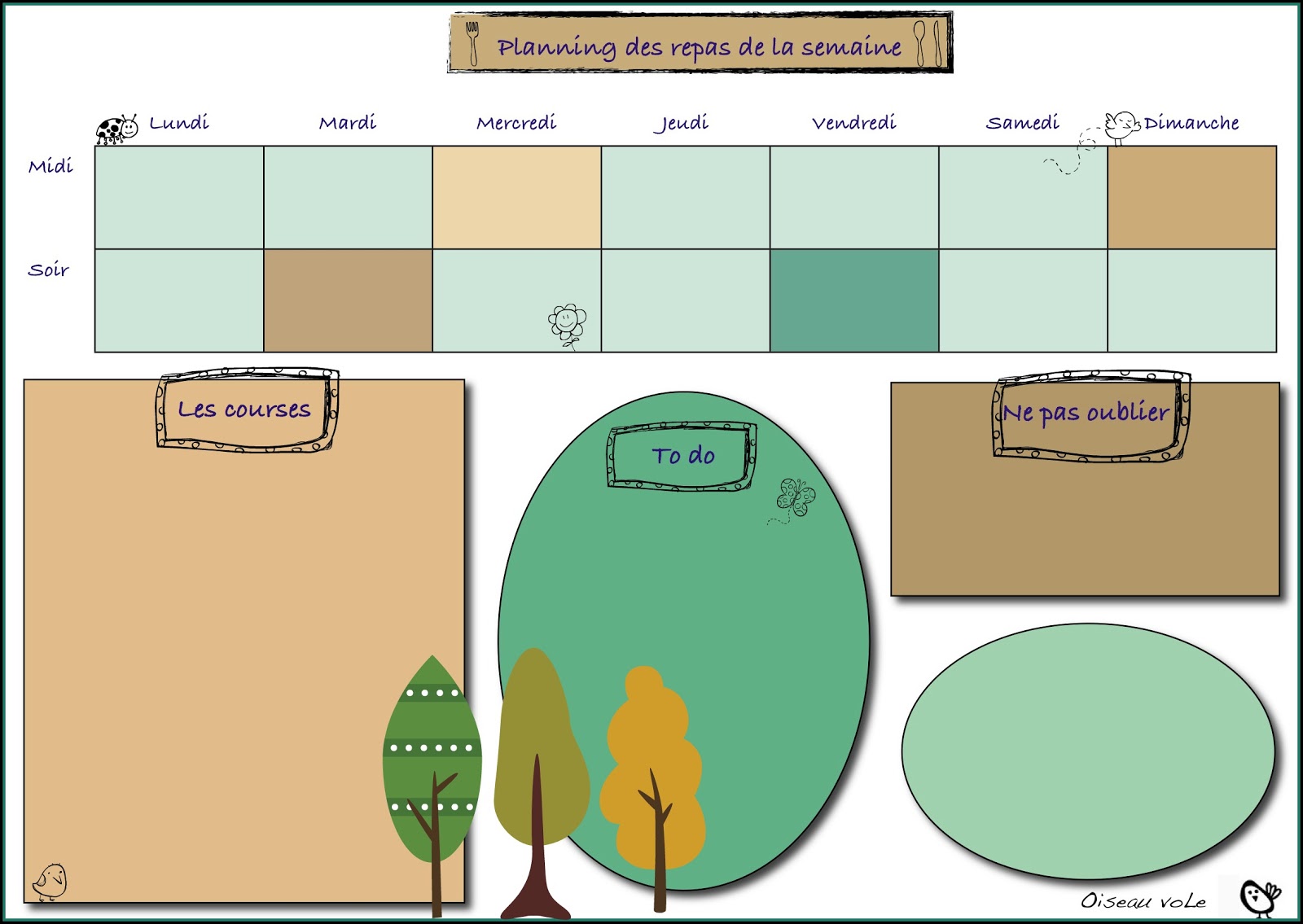 Planning vierge, Semainier à imprimer, Menu semaine