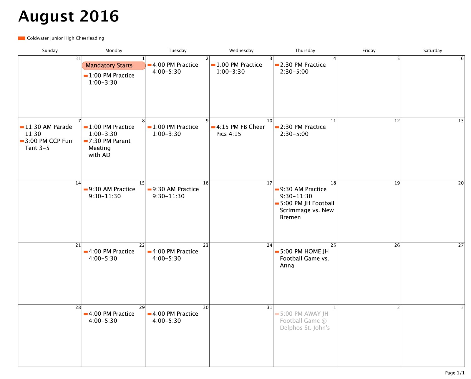 Coldwater Jr. High Cheerleading: Calendar