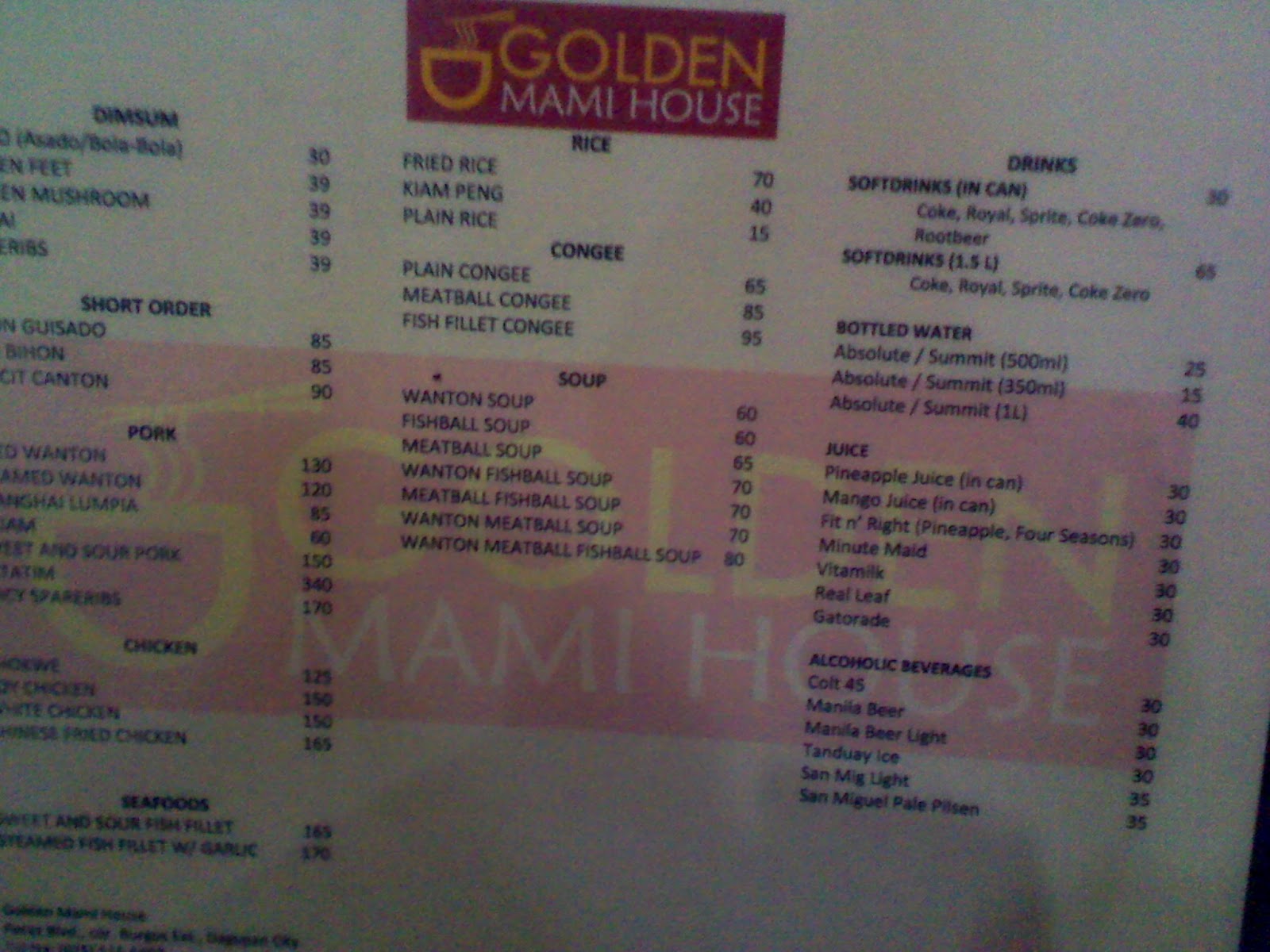 golden mami house: the Menu
