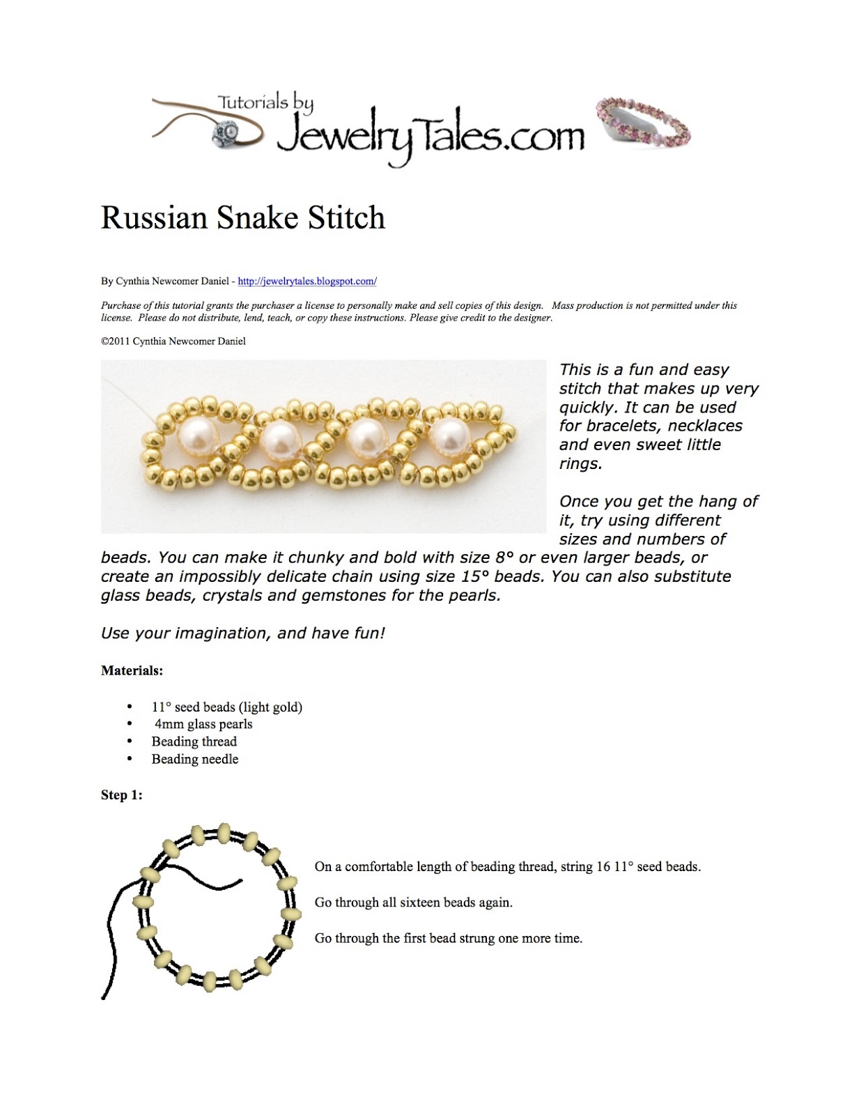 Behind the Scenes at Jewelry Tales: Russian Snake Stitch - Free pattern!