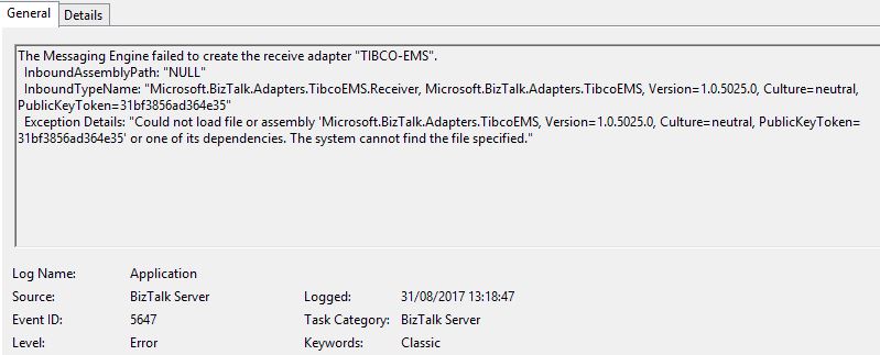 Could not load file or assembly Microsoft.BizTalk.Adapters.TibcoEMS