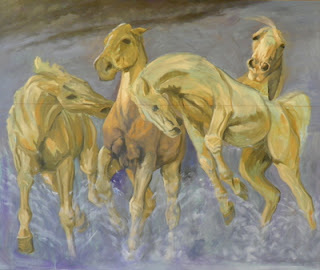 Sharon Crute: Horses Crashing in the Ocean Painting