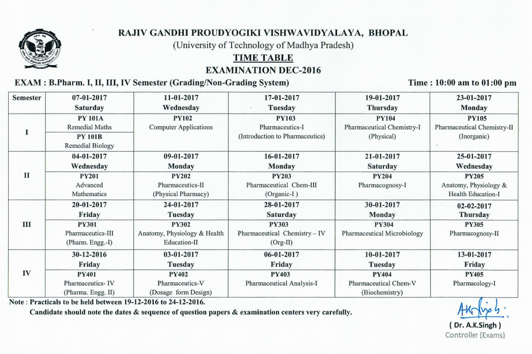 RGPV B.Pharmacy 3rd Semester (Grading System) Examination Time Table ...