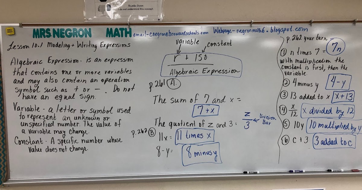 Mrs. Negron 6th Grade Math Class: Lesson 10.1 Modeling and Writing ...