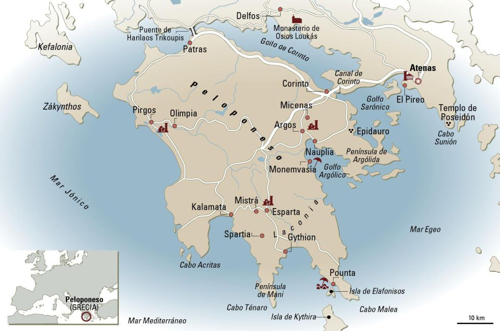 Mapa del Peloponeso.
