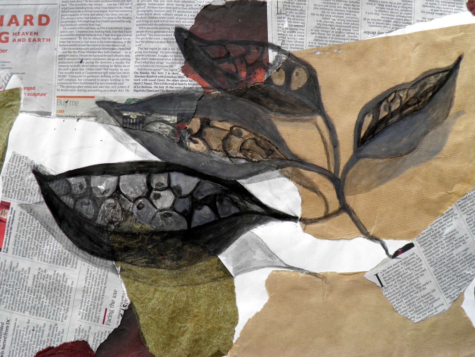 peaches & paintbrushes: Still life ink leaves on newspaper