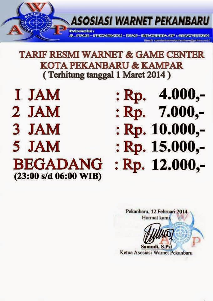 Log Warnet: Tarif Resmi Asosiasi Warnet Pekanbaru