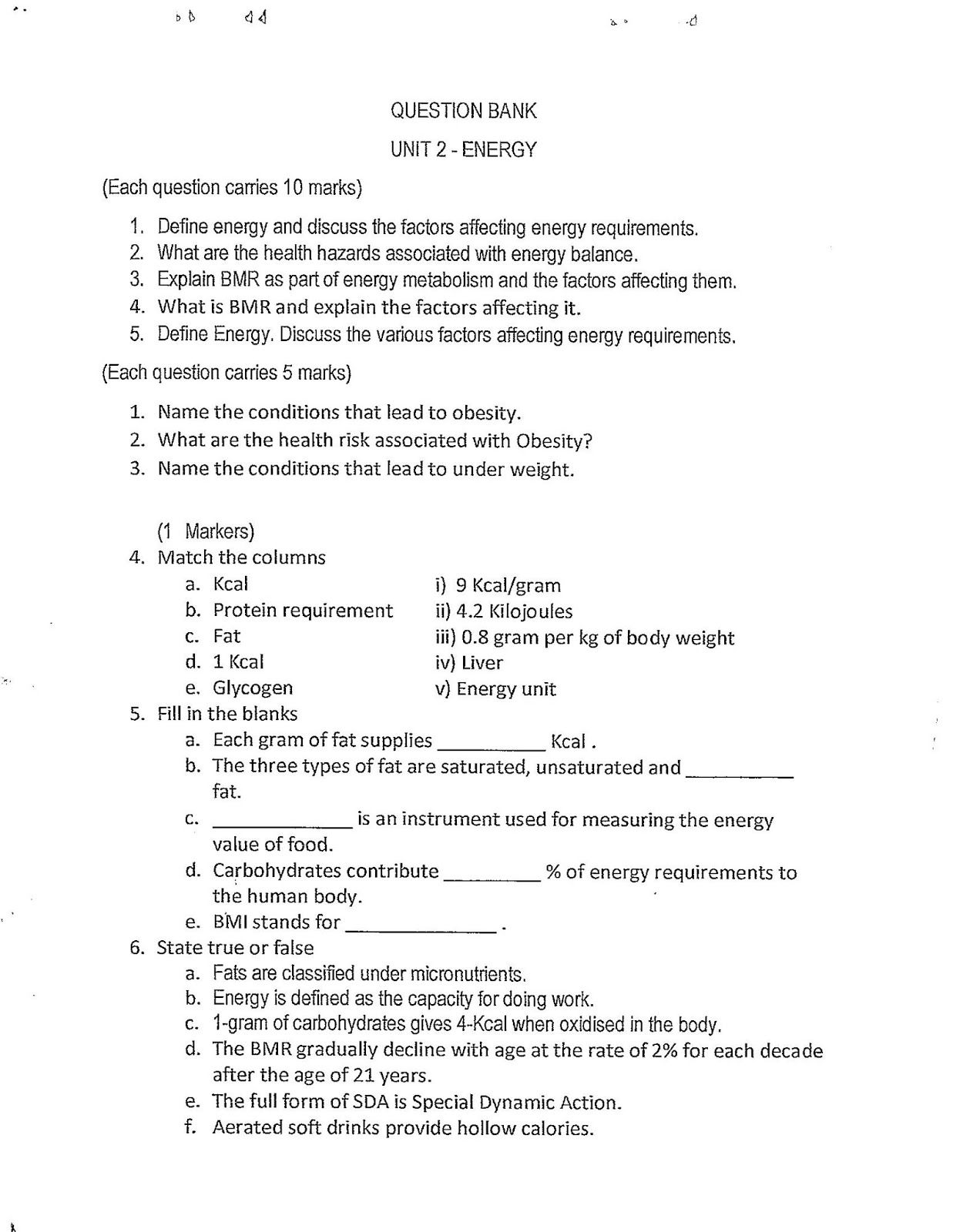 Nutrition Notes for IHM First Semester students: 2020
