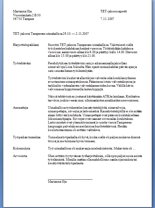 Kieli ja kirjallisuus: Työharjoitteluraportti