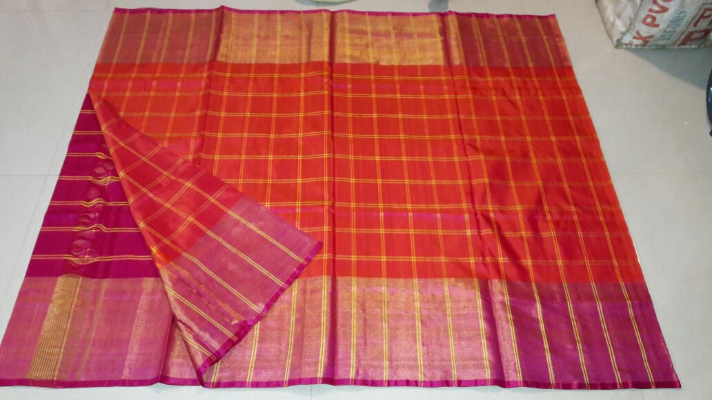 Indian Traditional Handloom Sarees: Uppada Big Zari border Checks Silk ...