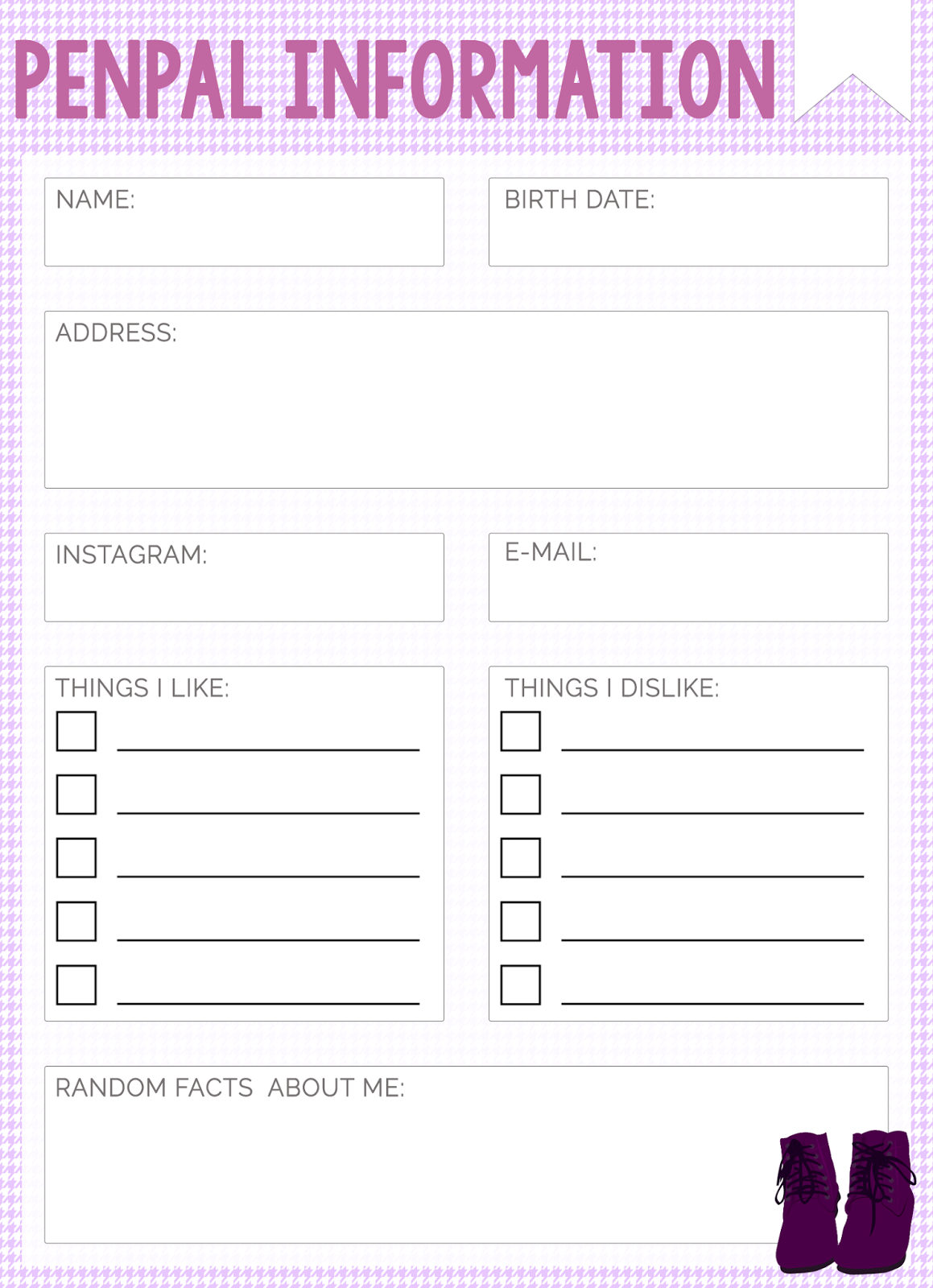 The Pink Aficionada: Freebie Friday: Penpal Information Sheets