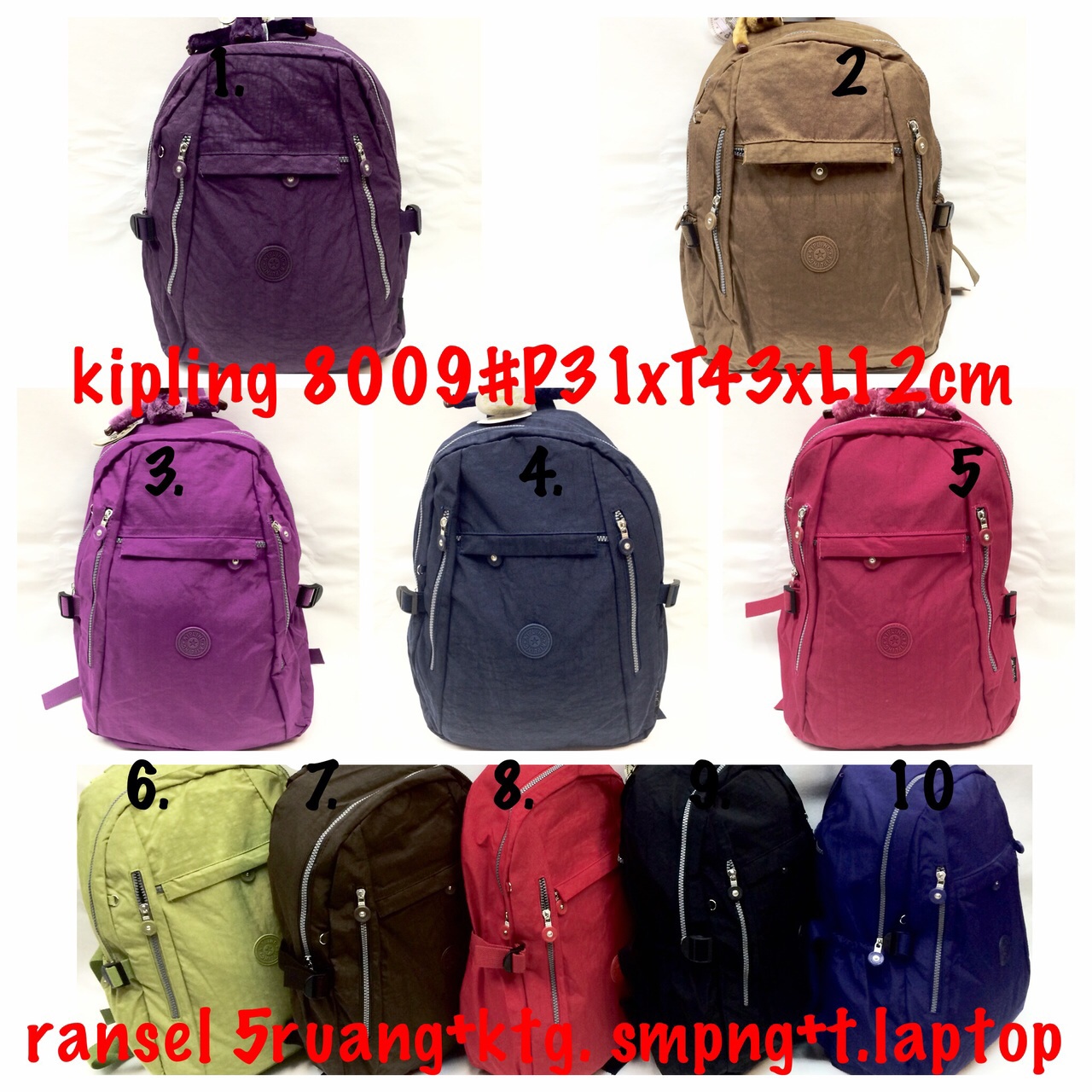 Jual Tas Kipling: Tas Kipling 8009 Tas Ransel 5 Ruang Kantong Samping