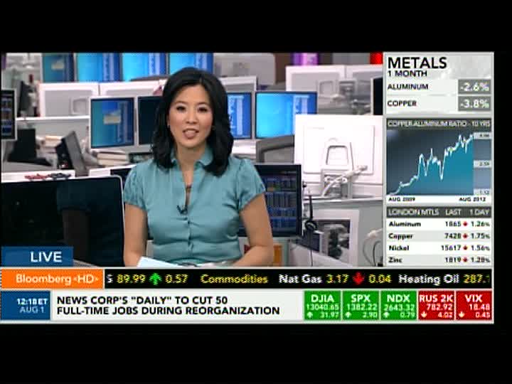 Ladies in Satin Blouses: Bloomberg TV anchor in teal silk blouse