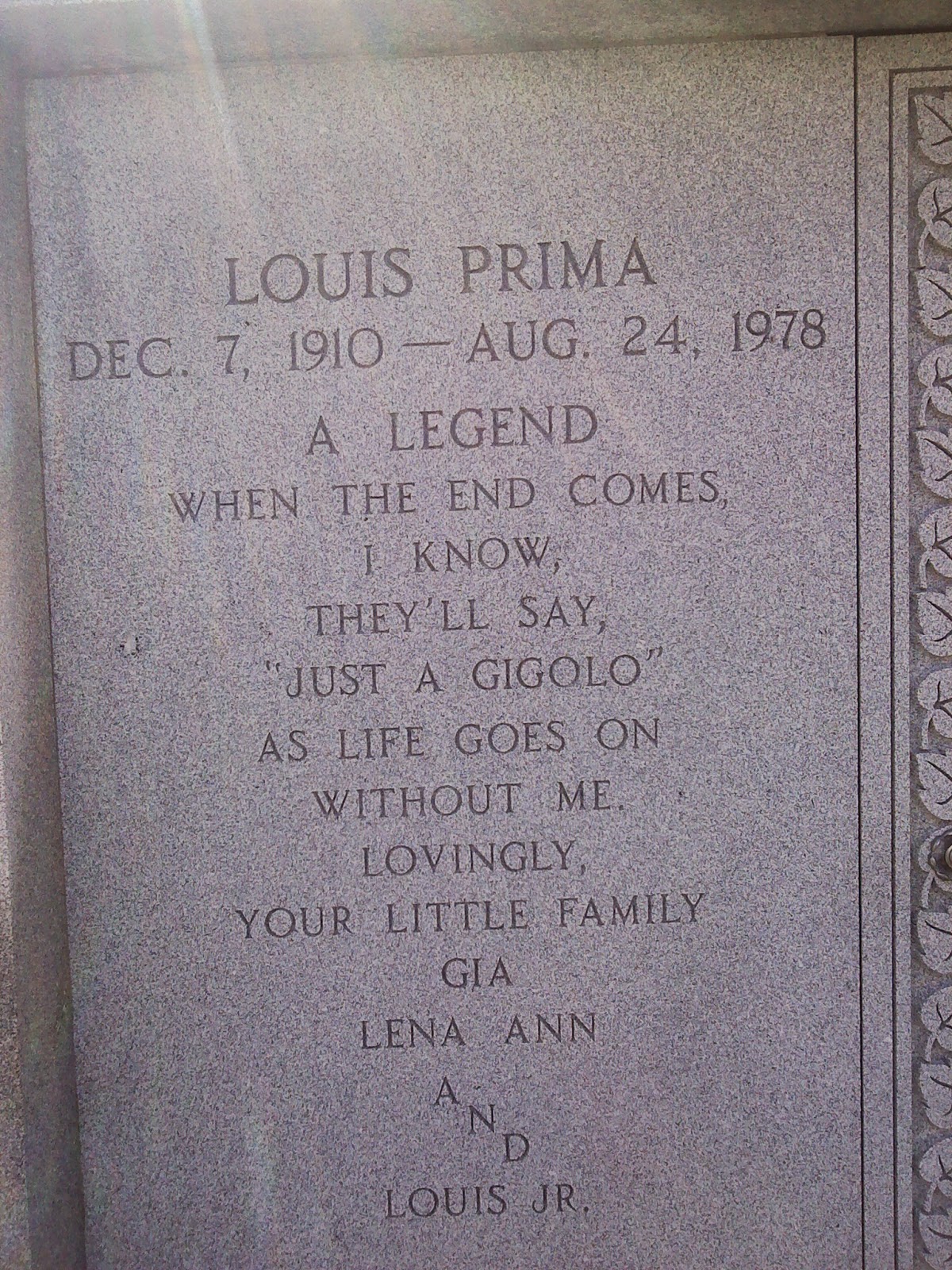 In Memoriam - Gravesites of the Famous and Infamous: Louis Prima