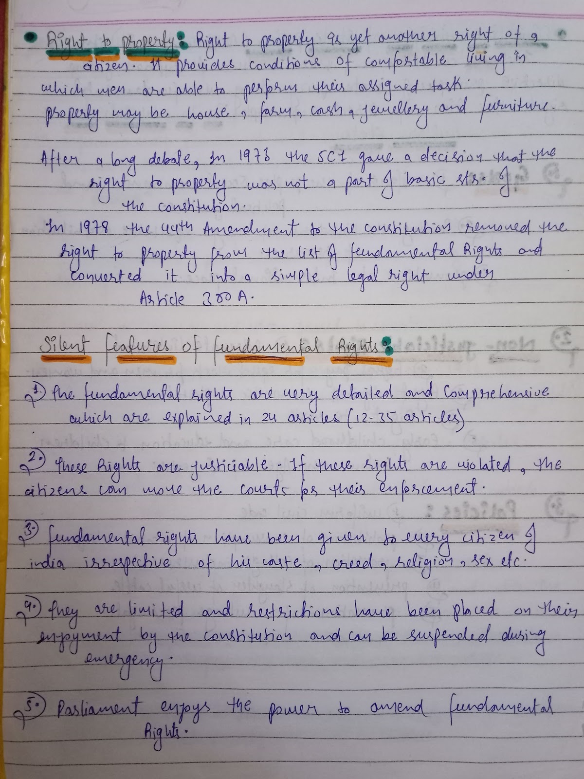 Handwritten Notes of RIGHTS IN THE INDIAN CONSTITUTION - Political ...
