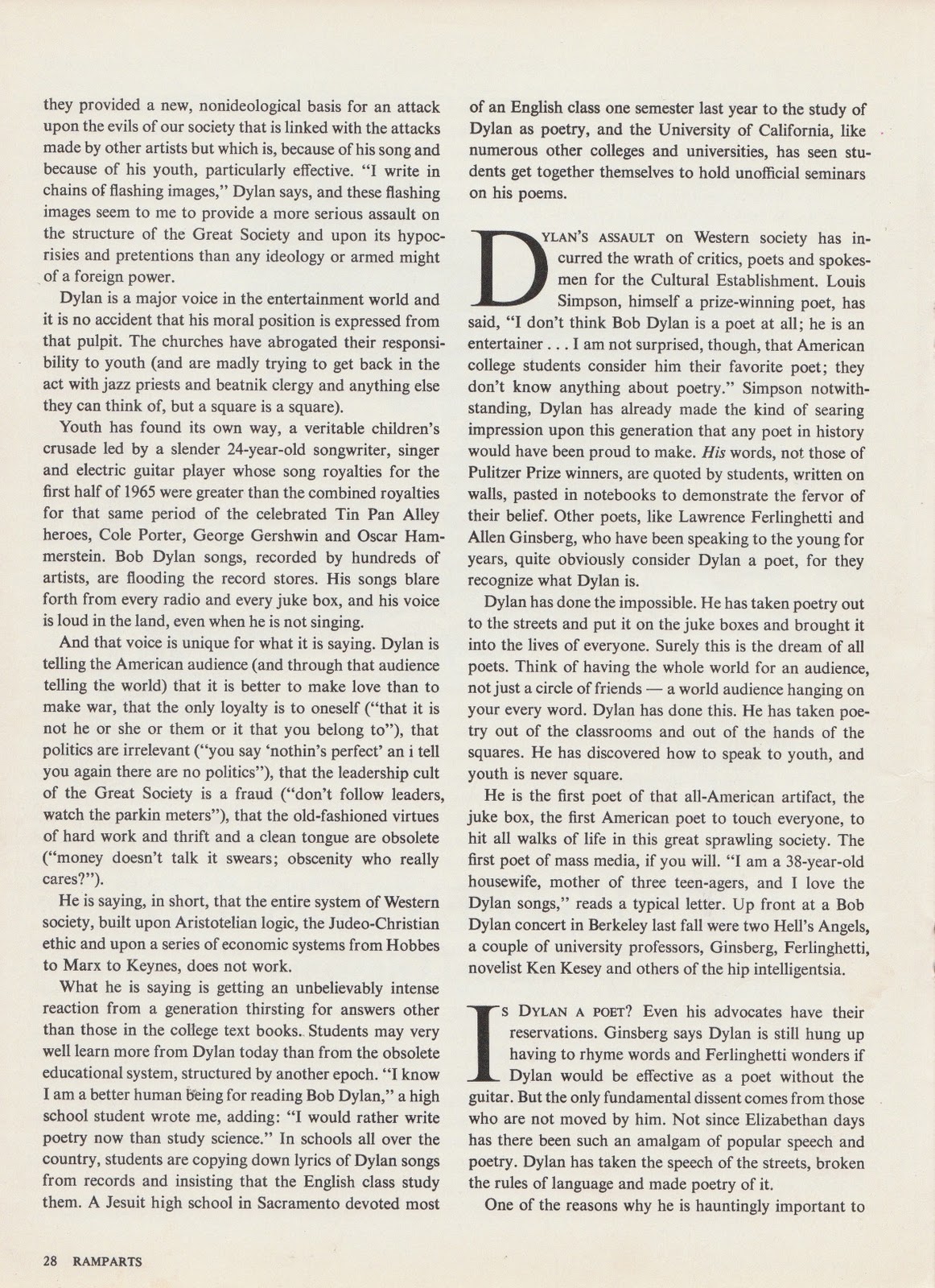 Ralph J. Gleason on Bob Dylan/Ramparts Magazine, March 1966