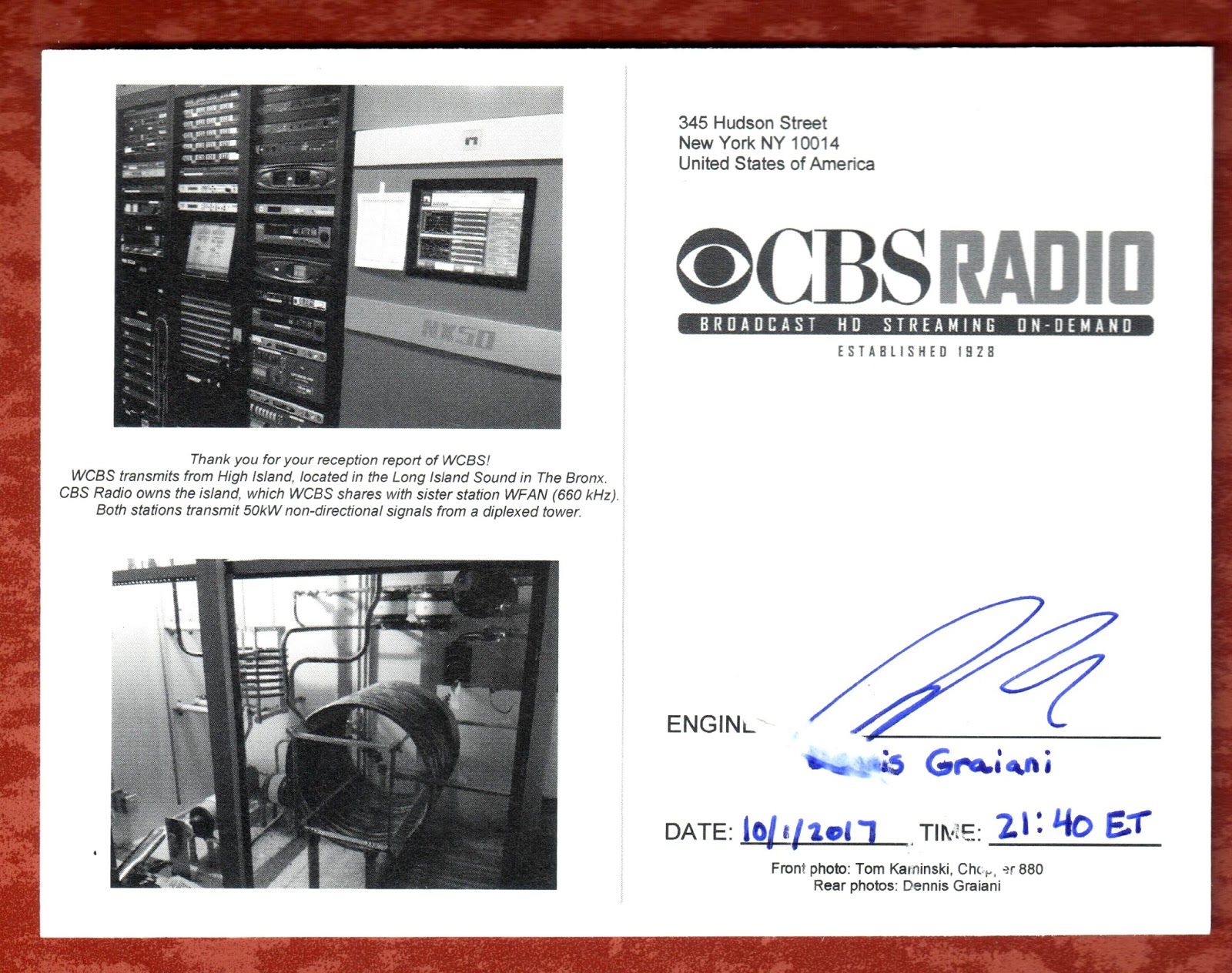 PARAGUANA DX: QSL - WCBS 880 AM - New York, NY, U.S.A.