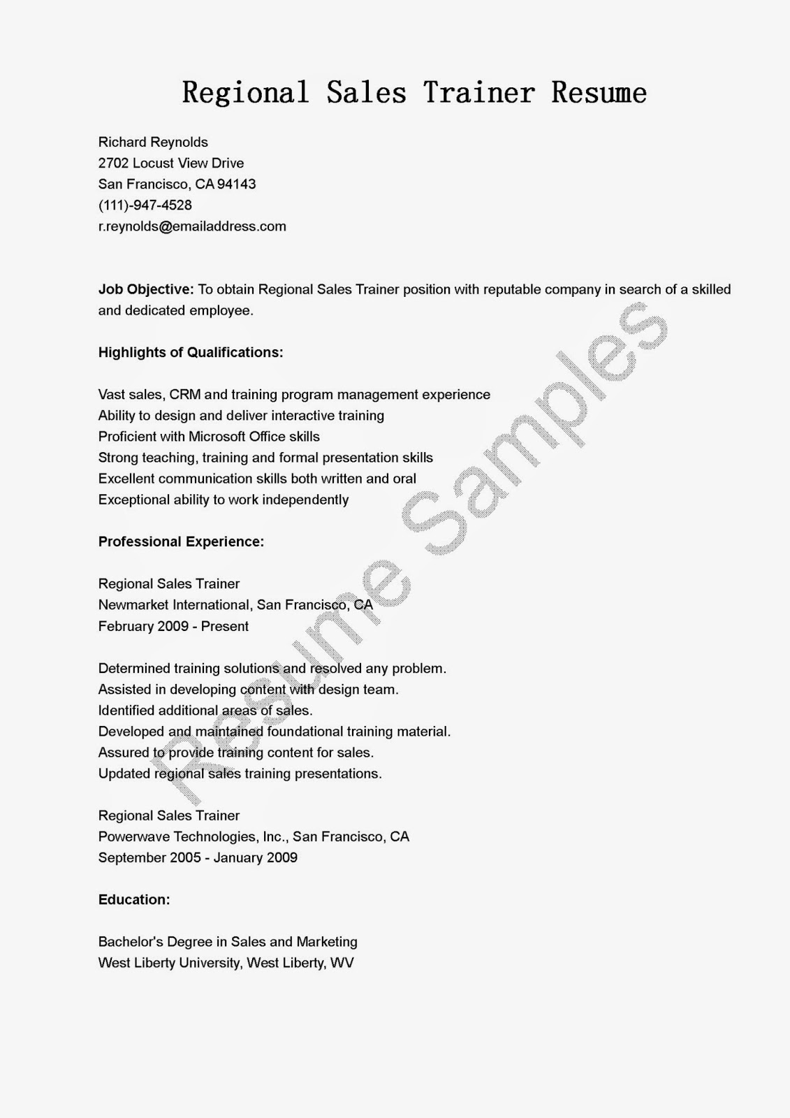 Resume Samples: Regional Sales Trainer Resume Sample