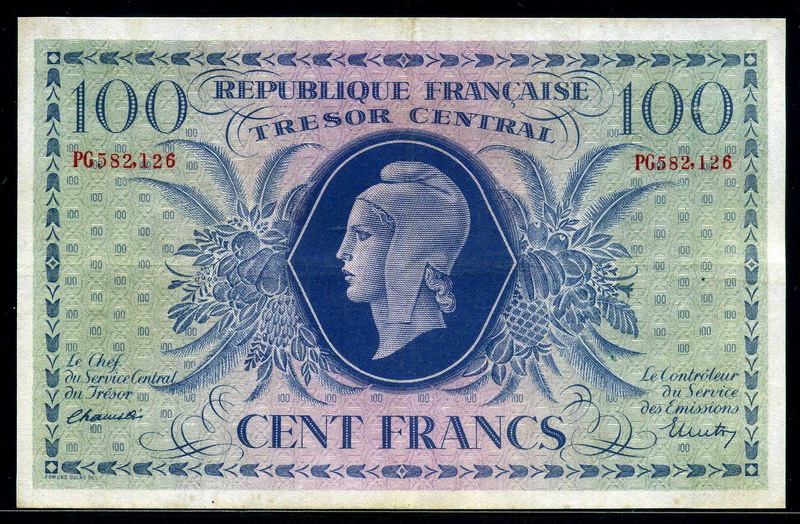 WWII Treasury of the Free French Forces 100 Francs Marianne banknote of ...