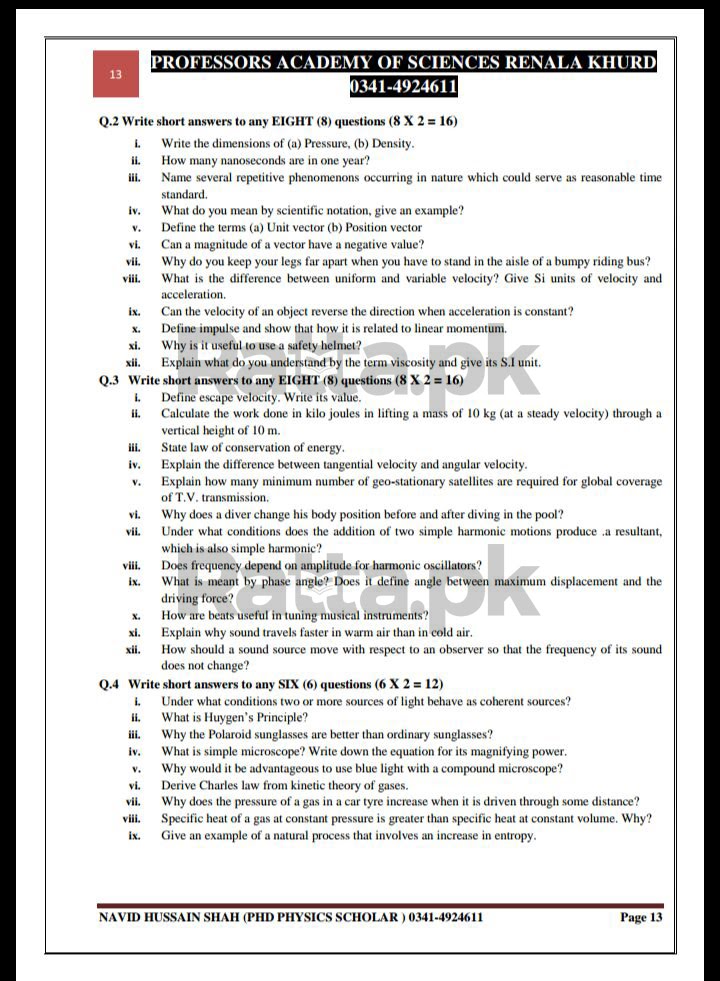 1st Year Physics Chapter wise Guess Papers 2023 - 11th class - Ratta.pk