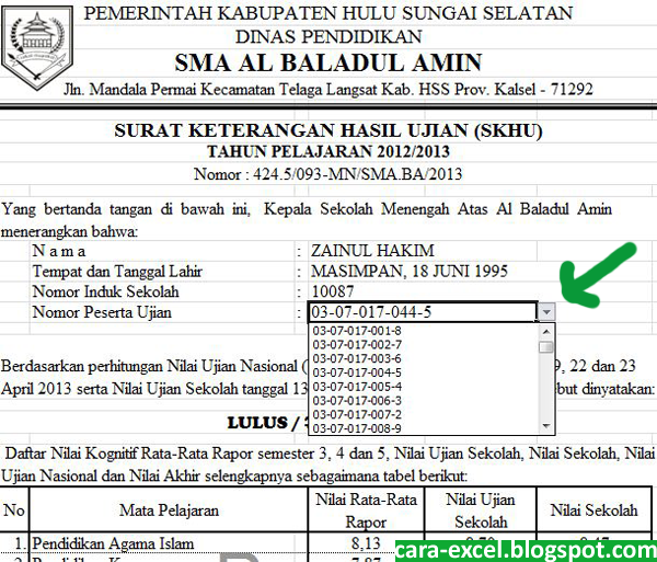 Cara Membuat SKHUN Sementara Excel - Cara-Excel