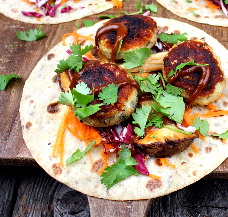 Potetboller i lompe med kongeøsterssopp, koriander og en vanvittig god ...