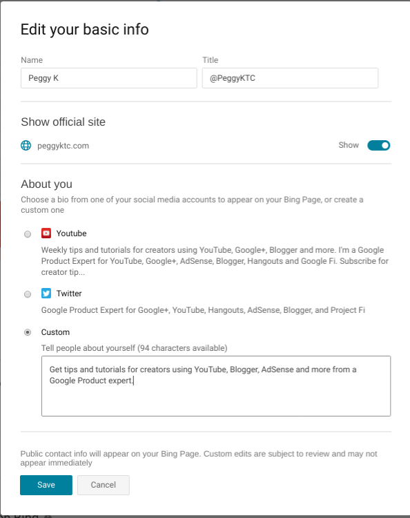 Set up a Bing Page for your public persona or business brand