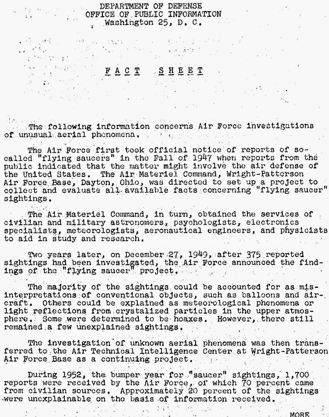 Early Department of Defense Fact Sheet(s) on Flying Saucers (for ...