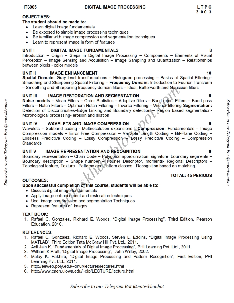 IT6005 Digital Image Processing Syllabus Semester VII Elective IT BTECH Anna University ...