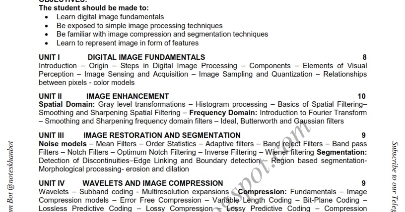 IT6005 Digital Image Processing Syllabus Semester VII Elective IT BTECH Anna University ...